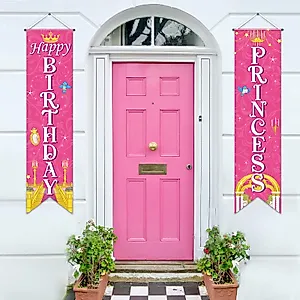 Sumind Princess Birthday Decorations Royal Check Flag Event Banner Princess Backdrop Porch Sign Welcome for Girl Birthday Theme Party Mardi Gras Parade Decoration Pink