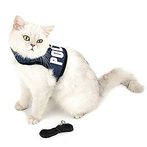 SMALLLEE_LUCKY_STORE Police Print Soft Mesh Denim Cat Harness and Leash Set for Walking Escape Proof Adjustable No Pull Choke Boy Small Puppies Kitten Rabbit Dog Harness Vest, Dark Blue L