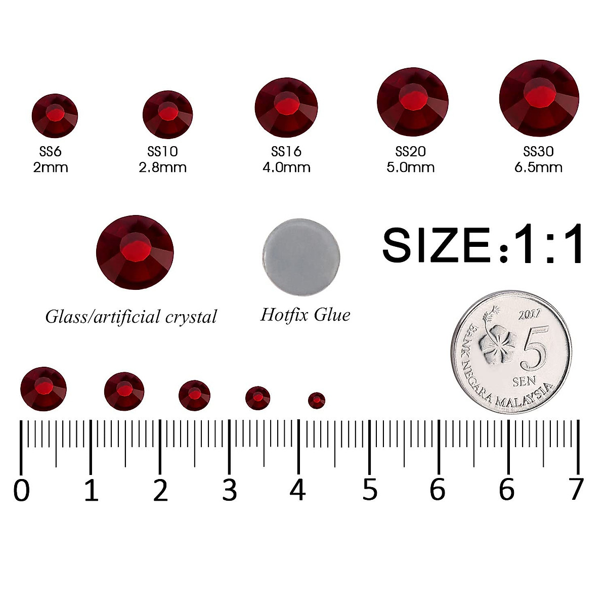 MEIBITE 6796PCS Red Hotfix Rhinestones Crystal Stones Glass for Fabric Clothes Shirts Sparkly Flat Back Round with Tweezers and Picking Pen (SS6~SS30 Set)