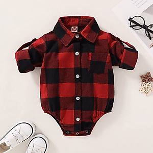 HAPPYMA Newborn Baby Boy Girls Plaid Outfit Flannel Romper Tops Infant Long Sleeve Button Down Plaid Casual Bodysuit Clothes
