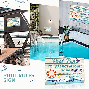 Rousen Pool Decor Sign, Pool Decorations Outdoor, Perfect for Beach, Home, Bar, Pool Deck, and Backyard Walls, Metal Sign Dimensions are 12x8 Inch, 4 Holes for Easy Hanging - Pool Rules