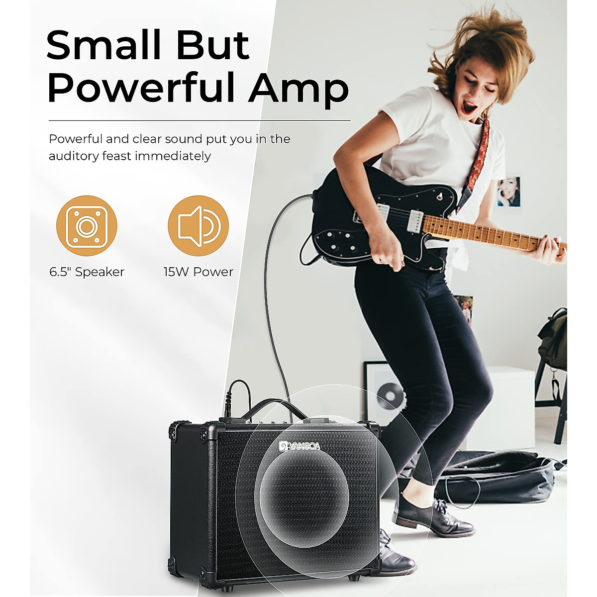 Vangoa Bass Guitar Amplifier 15W Portable Electric Bass Combo Amp Small for Bass Practice Amp Indoor Outdoor, Black