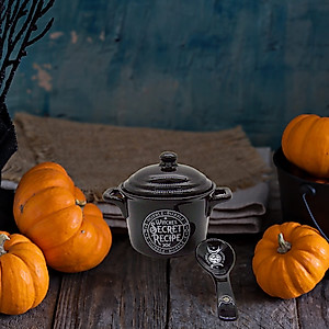 Alchemy Witches Secret Recipe Cauldron Lidded Bowl and Spoon Set, Gothic Kitchen Serveware, 4.75 Inches