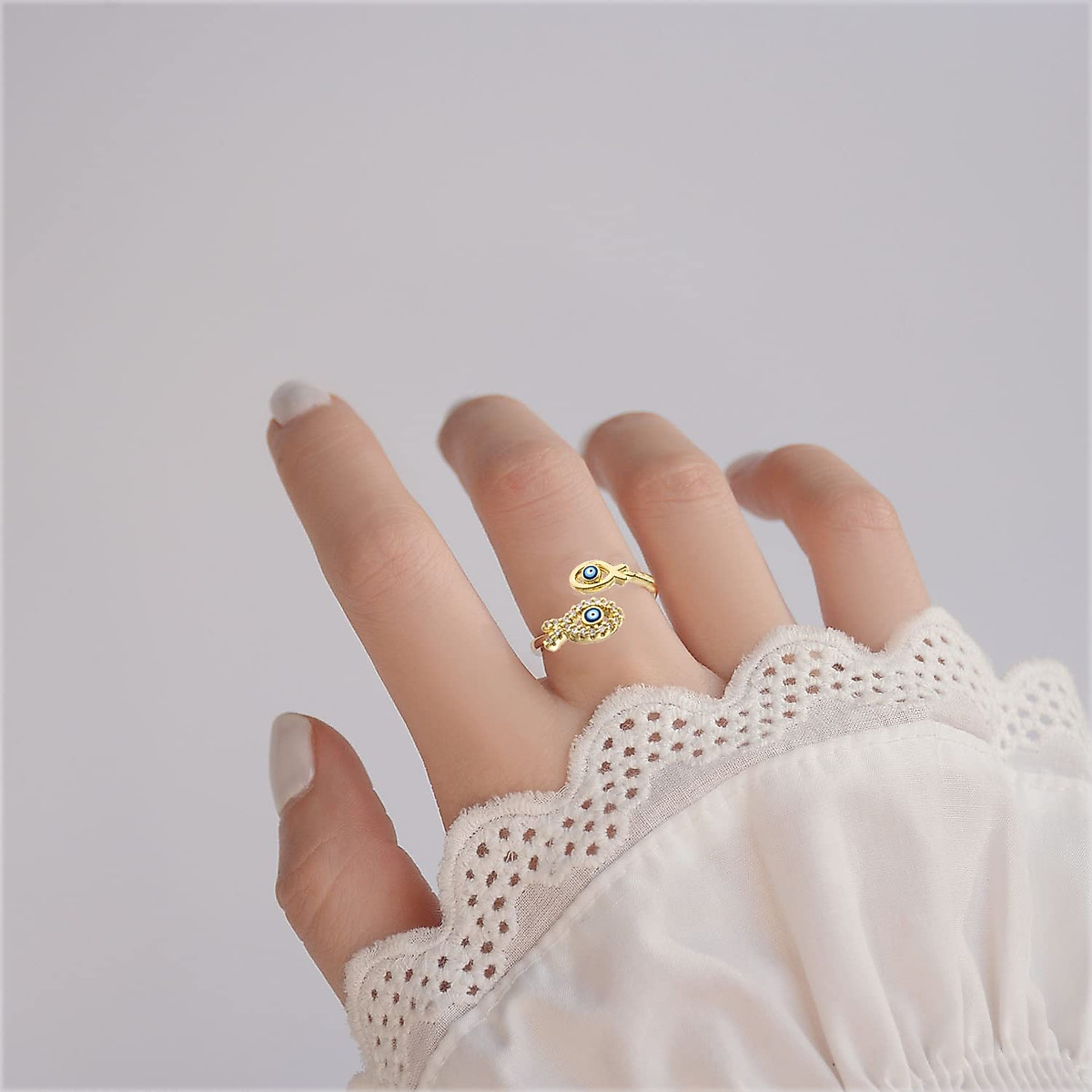 Double Fish Blue Evil Eye Wrap Open Rings 18K Gold Plated Sparkly Cubic Zirconia Good Luck Statement Adjustable Stacking Middle Tail Finger Thin Ring for Women Symbol of Protection Talisman Amulet Lucky Jewelry Fashion CZ Gifts for Mom
