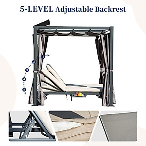 Domi Aluminum Outdoor Patio Daybed with Retractable Canopy Bed, Double Chaise Lounge Outdoor Grey Curtain with Beige Cushion & Cup Holder, for Outside Pool,Garden,Backyard,Lawn