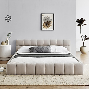DEINPPA Queen Modern Bed, Chenille Upholstered Platform Bed with Cloud Soft Headboard, Grounded Upholstered Wood Base Platform Bed, Italian Style Modern Beds-Beige