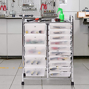 ARLIME 15-Drawer Storage Cart, 15 Drawer Trolley, Rolling Organizer Cart, Scrapbook Paper Organizer, Suitable for Office and School, Rolling Office Organizer Tools (Clear)