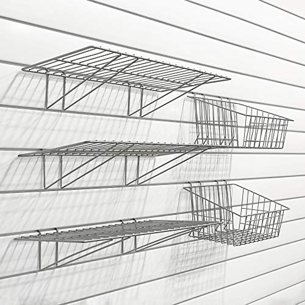 Proslat 11003 Garage Organizer Value Pack with 3 Shelves and 2 Steel Baskets, Designed for Proslat PVC Slatwall Chrome