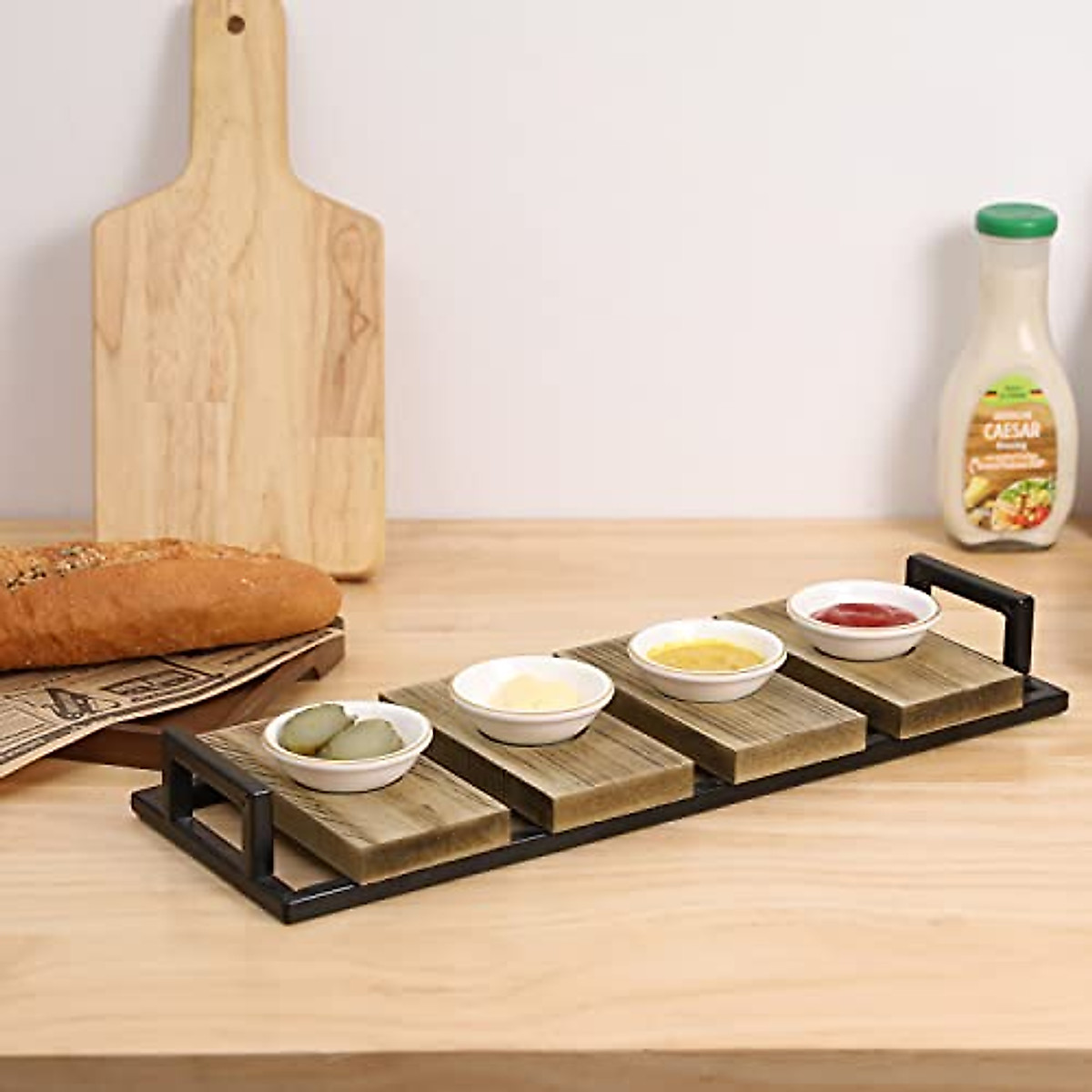 MyGift Black Metal and Burnt Wood Condiment Tray with Handles, White Ceramic Dipping Sauce Bowls for Dip or Appetizers Serving Tray
