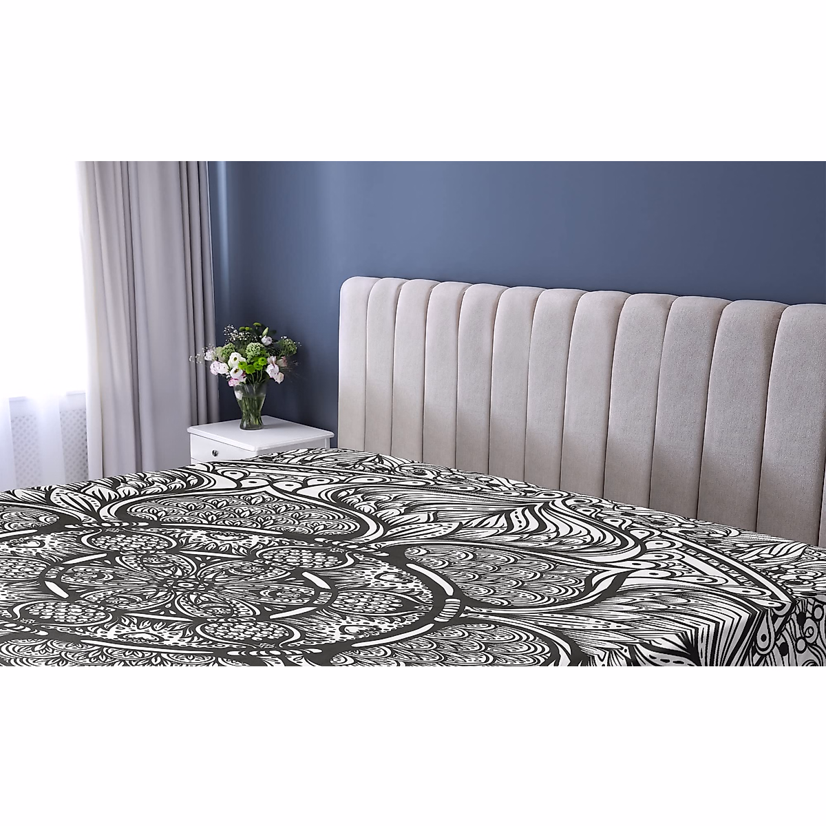 Ambesonne Ethnic Fitted Sheet, Mandala Inspired Art Hand Drawn Paisley Pattern Boho Native, Bed Cover with All-Round Elastic Deep Pocket for Comfort, King Size, Black and White