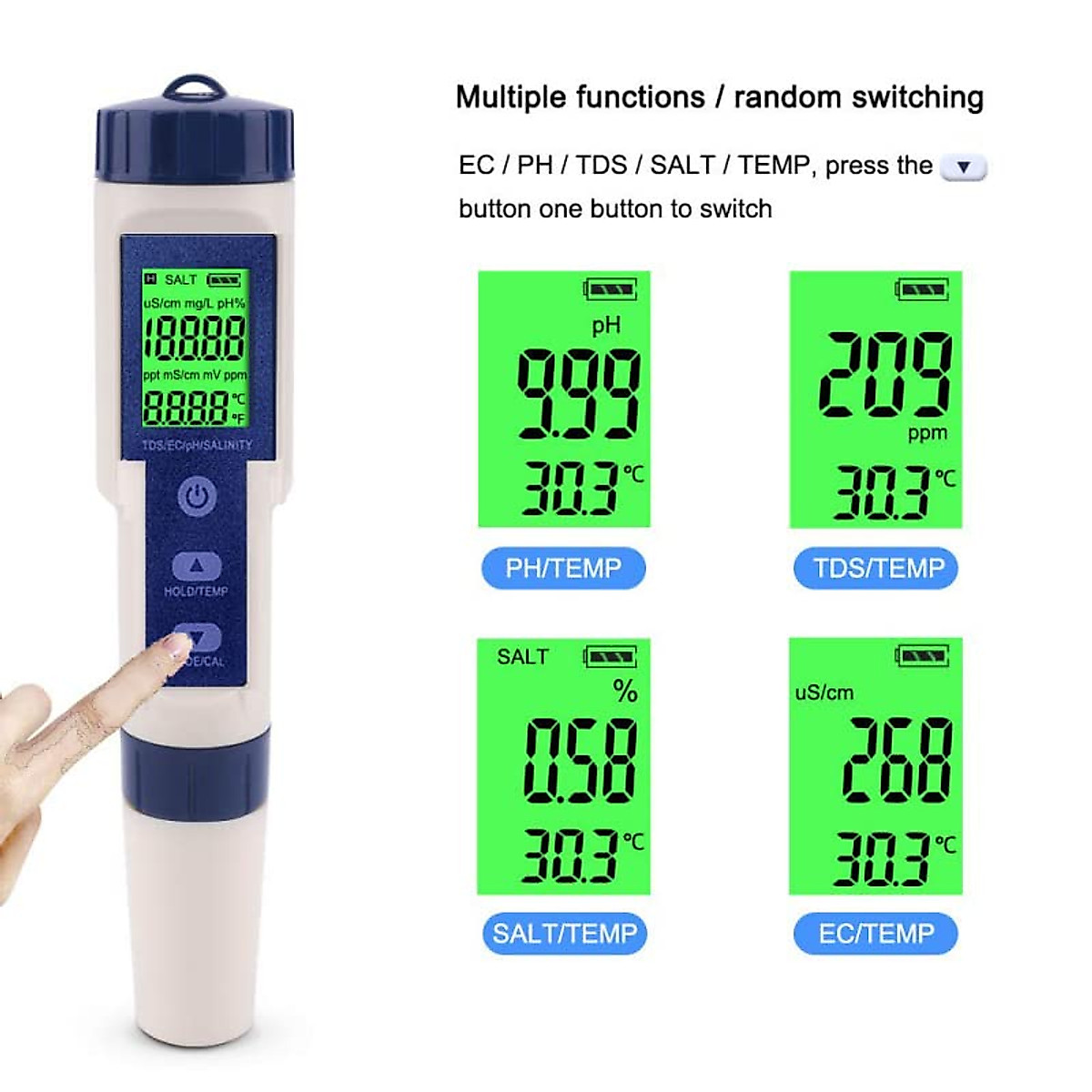 5 in 1 TDS/EC/PH/Salinity/Temperature Meter Digital Water Quality Monitor Tester for Pools, Drinking Water, Aquariums,Hydroponics
