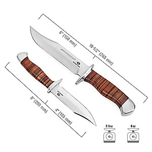 Mossy Oak 2-piece Bowie Knife, Fixed Blade Hunting Knife with Leather Handle, Sheath Included