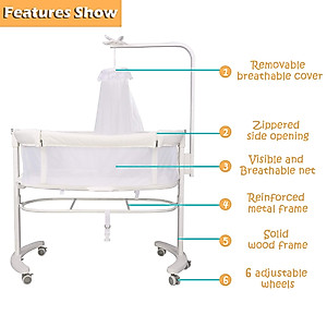 COLOR TREE Baby Bassinet Bedside Sleeper Bedside Crib with 6 Wheels, Mosquito Net, Comfy Mattress for Newborn Baby/Infant, Portable