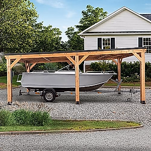 Backyard Discovery Kingsport 20' x 12' Cedar Wood Outdoor Carport Garage with Heavy-Duty Galvanized Steel Slope Roof, Snow Support, Wind Resistance, PowerPort, Shelter to Protect Cars, Boats, Trucks