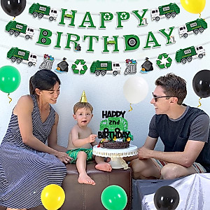 Garbage Truck 2nd Birthday Party Decorations Trash Truck Happy Birthday Banner Garland Cake Topper Cupcake Toppers for Waste Management Birthday Party Decor Supplies