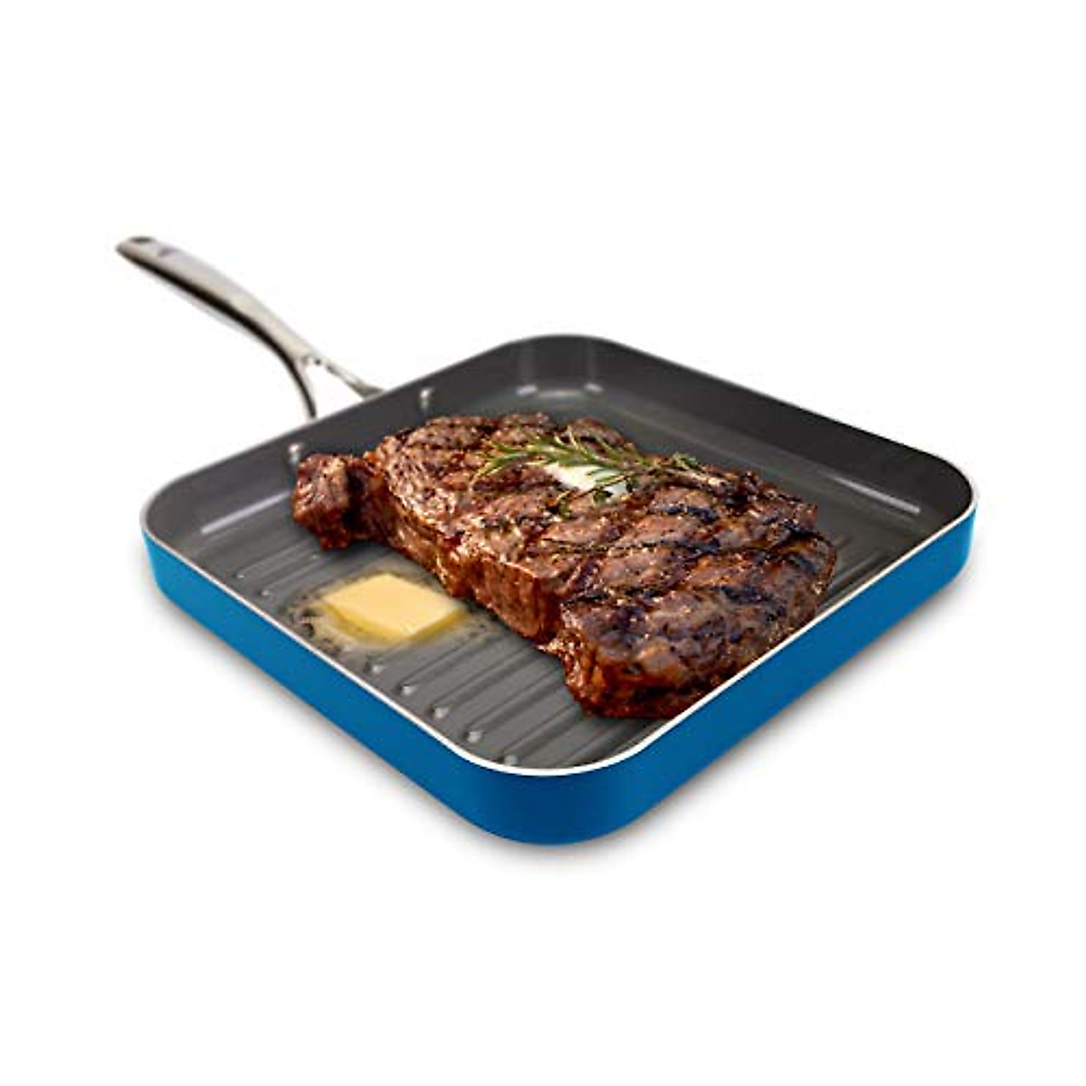 EaZy MealZ Square Non-Stick Grill Pan for Stove, Light weight, Perfect Grill Marks, Oven Safe up to 500 Degrees, Large, 10.5" Blue
