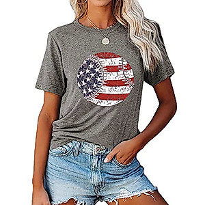 FAYALEQ Women's American Flag Baseball Printed T-Shirt O-Neck Causal Tee Tops Blouse Size L (Gray)