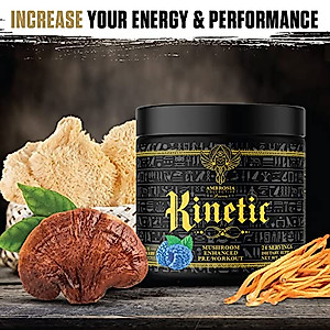Ambrosia Kinetic Organic Preworkout, Mushroom Enhanced Natural Pre Workout Supplement, Nootropic Superfood Powder for Energy (Blue Raspberry)