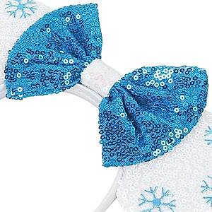 WOVOWOVO Mouse Ears Headbands for Women Girls Sparkle Bow Hairbands Halloween Christmas for Cosplay Costume Princess Party Decorations (Blue Snowflake)