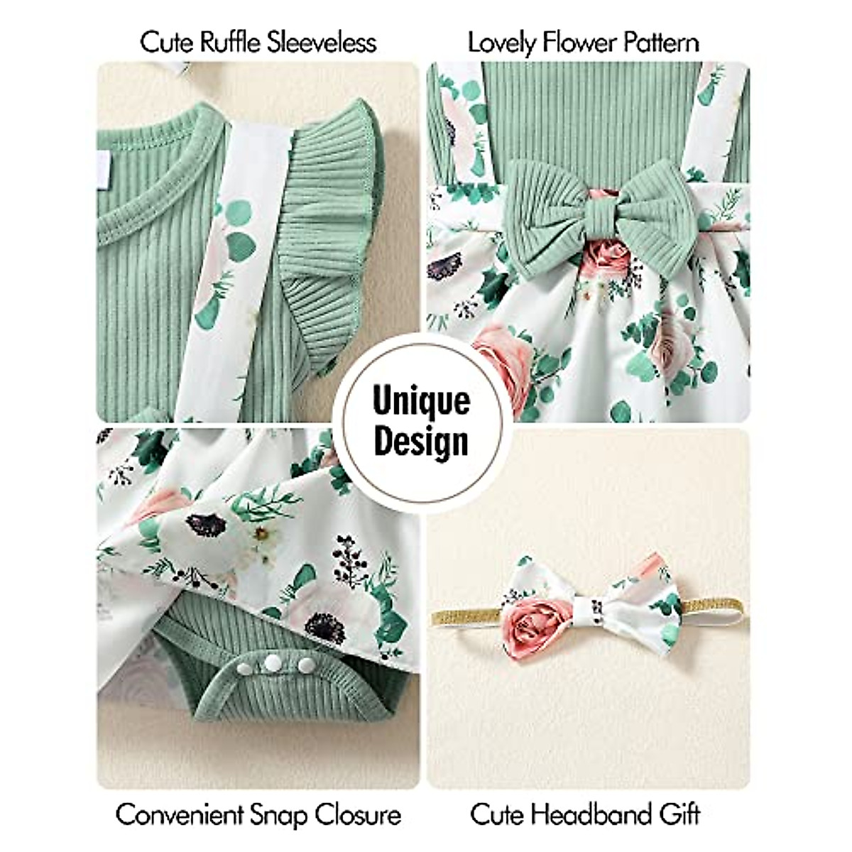 HIGHUZZA Baby Girl Clothes 3-6 Months Newborn Romper Summer Dress Infant Outfits Fly Sleeve Floral Clothing Suspender Headband Overall Skirt Set Green
