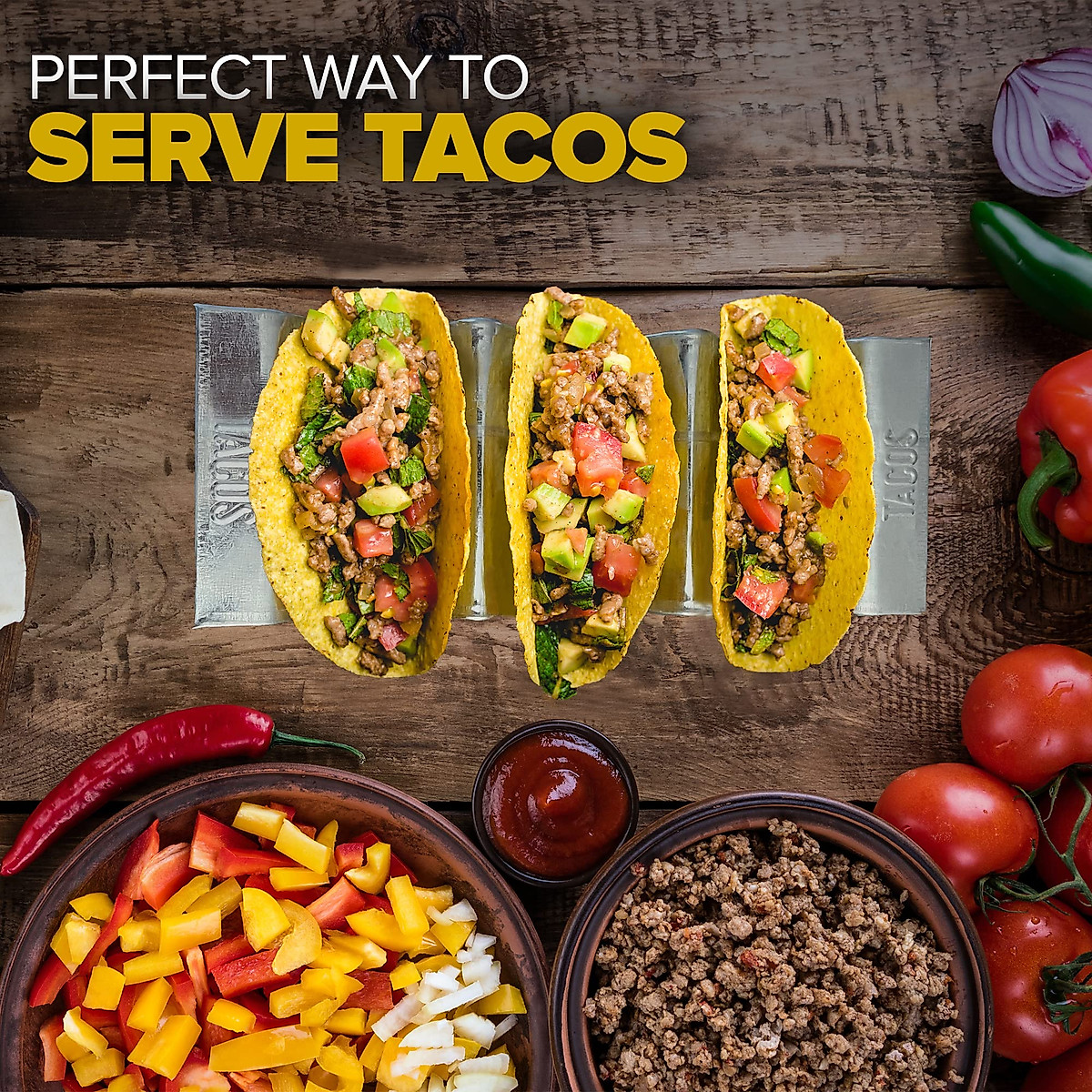 Taco Holder Stand Shell Holders Tray 3 Tacos Galvanized Steel with Handles 1 Pack Exultimate