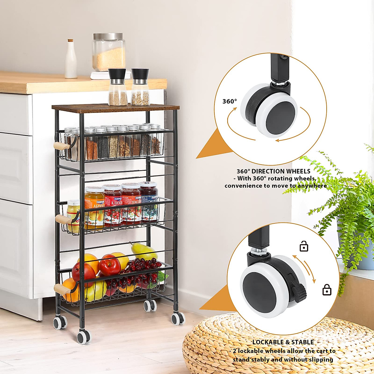 4-Tier Slim Storage Cart, Kitchen Rolling Utility Cart Bathroom Organizer Laundry Room Organization Mobile Shelving Unit with Slide-Out Metal Wire Baskets, Wooden Tabletop & Wheels for Narrow Space