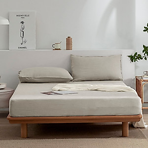 EVERLY Hemp Queen Size Sheets Set, Natural Premium Hemp Sheets, Deep Pocket 4 Piece Bed Sheet Set, Easy-Fit Breathable Cooling Sheets, Wrinkle Fade Resistant Sheet Sets-Beige