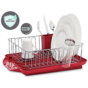 Farberware 3-Piece Dish Rack Set, Red & Large Cutting Board, Dishwasher- Safe Plastic Chopping Board for Kitchen with Easy Grip Handle, 11-inch by 14-inch, White