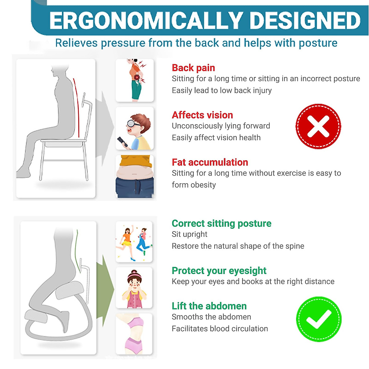 CHIESMA Ergonomic Kneeling Chair with Back Support, Adjustable Height Wooden Kneeling Chair - Improve Posture with an Angled Seat, Rocking Knee Posture Chair with Cushion for Home,Office, Ivory
