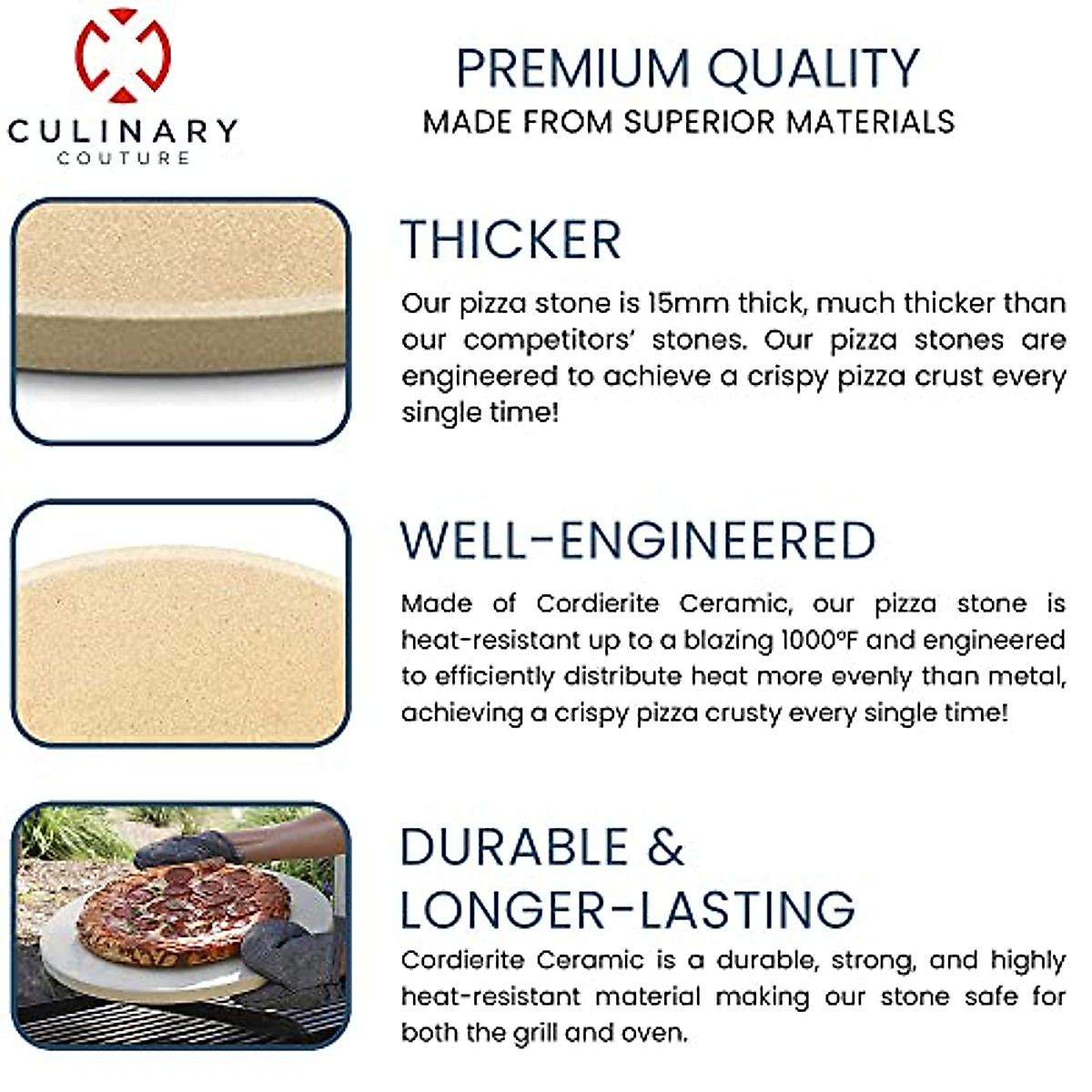 Culinary Couture 15" Round Pizza Stone for Oven and Grill - Cordierite Pizza Stone for Bread, Calzone, Cookies - Oven and Grill Pizza Stone for Outdoor Grill, Stone Pizza Pan for Oven