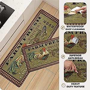 Rooster Kitchen Rugs 2/5 Inch Thick Cushioned Anti Fatigue Kitchen Floor Mat,Set 2 Farmhouse Buffalo Plaid Non Slip Floor Runner Rug Comfort Mat Carpet for Laundry Office,17.3" x 28" + 17.3" x 47"