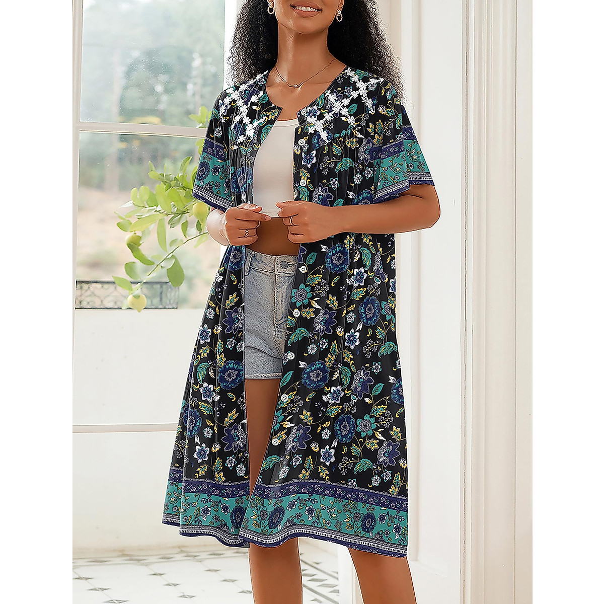 Ekouaer House Dress for Women Button Down Nightgown Short Sleeve Housecoat with pockets S-4XL,Navy Blue Flower,XL