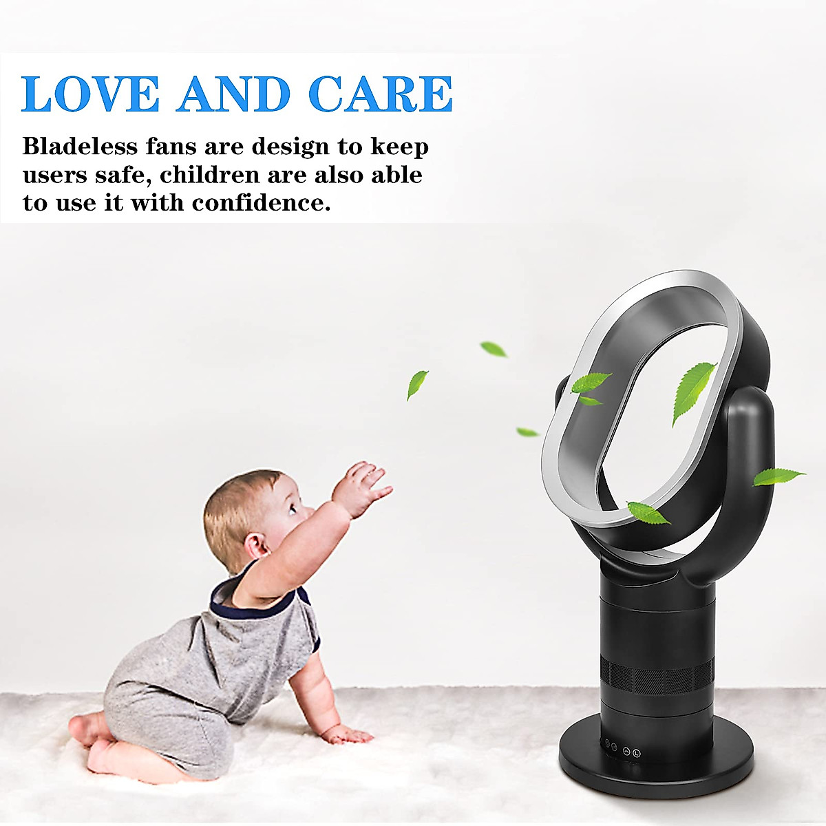 HealSmart Medium size portable bladeless fan, small table fan, 10 speeds settings, 10-hour timing closure bladeless fan, stylish and modern fan, low noise, lightweight, 24 inches, black
