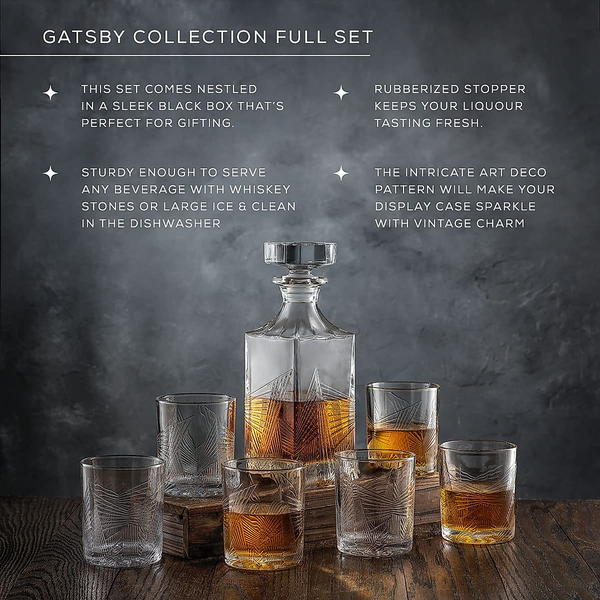 JoyJolt Gatsby Whiskey Decanter and 6PC Glasses Set. 27 oz Airtight Glass Decanter and Set of 6 Old Fashioned Rocks Glasses for Scotch, Bourbon Whisky, Brandy, Cognac Rum or Whiskey Cocktails