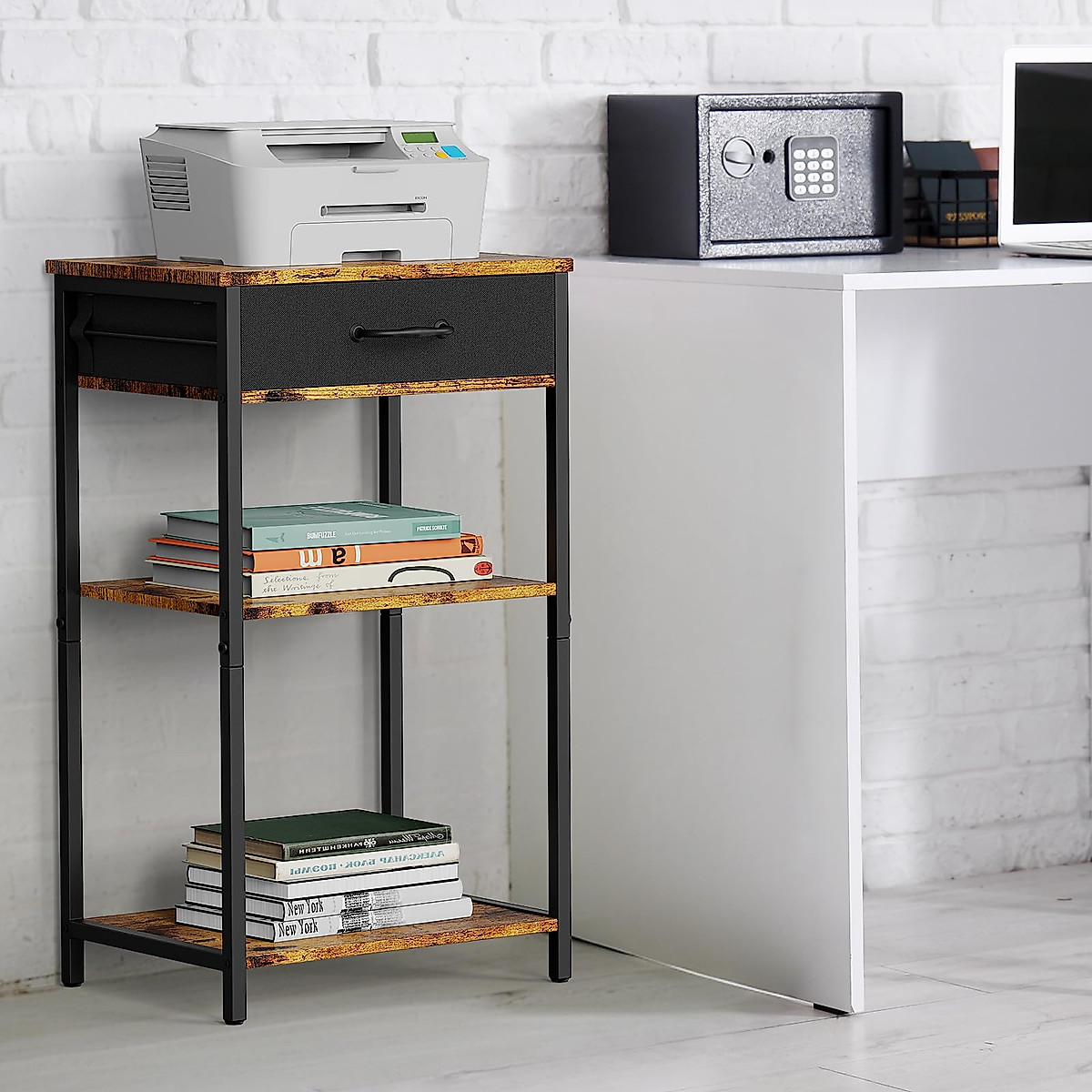 Industrial Printer Stand Rack 3 Tier Printer Table with Storage Printer Shelf with File Drawer Sofa Side Tables Nightstand for Bedroom Machine Stand Holder for Office and Home, Brown
