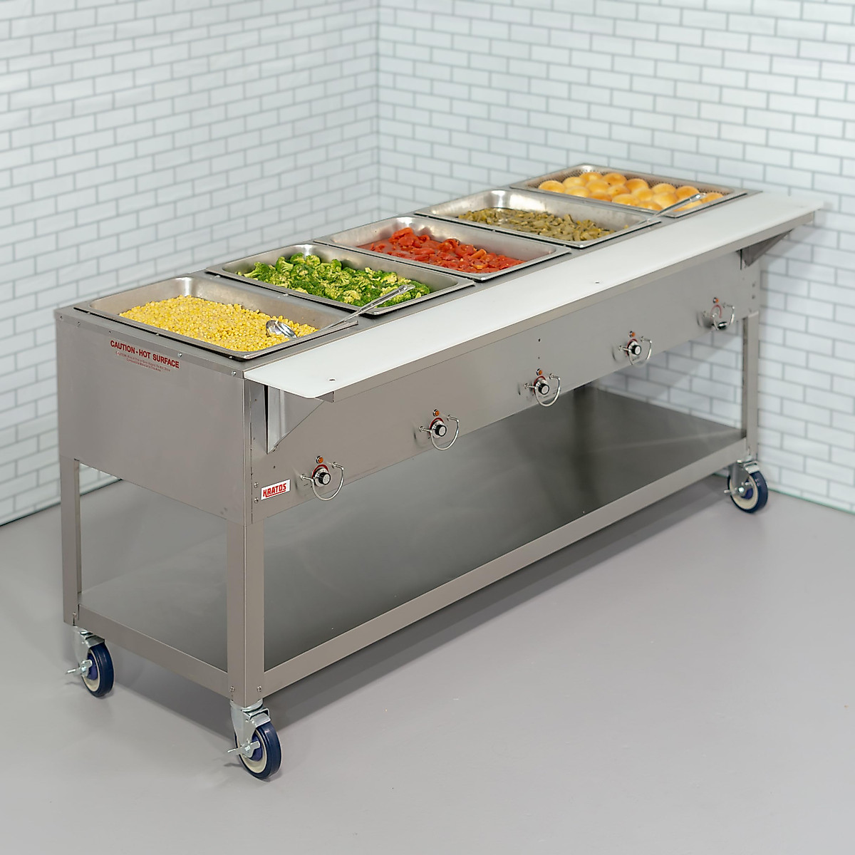 Kratos Commercial Mobile Electric Steam Table/Hot Food Table, 5 Wells, Stainless Steel, NSF 240V (28W-200)