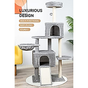 Hawsaiy Multi Level 58 inch Cat Tree Tower for Indoor Cat Kitten Furniture Condo Activity Center Play House with Scratching Sisal Posts Pad,Hammock,Ladder Beige (58", Grey)