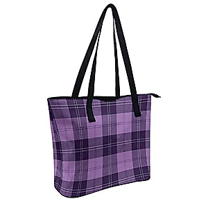 Women's Waterproof Big Shoulder Commuter Bag Large Capacity Work Tote Bags Leather Big Purses And Handbags Ladies Compatible with Purple Tartan Plaid Scottish Pattern