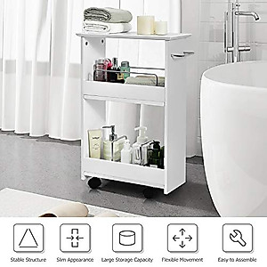 GOFLAME Slim Bathroom Storage Cart, Wooden Storage Shelf with Towel Bar and Side Handle, Storage Cabinet Organizer with Rolling Casters for Bathroom, Laundry, Kitchen