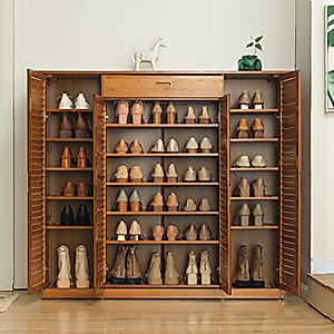 MoNiBloom Bamboo 7-Tier Shoe Organizer with Drawer Symmetrical Blind Door Boots Heels, Hallway Entryway, Brown