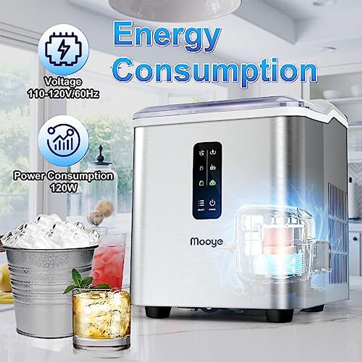 Countertop Ice Maker Machine, 26.5 lbs in 24Hrs, Electric ice Maker and Compact ice Machine with Ice Scoop and Basket, 2 Sizes of Bullet Ice for Home/Kitchen/Office