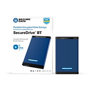SecureData SecureDrive BT 2TB SSD Hardware Encrypted USB 3.0 Ext Drive FIPS 140-2 Level 3 Unlock via Phone app TAA Compliant, CJIS, HIPAA, CMMC, GDPR Compliant, Works with Mac and Win Free AV