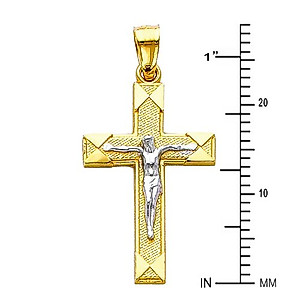 The World Jewelry Center 14k REAL Two Tone Gold Jesus Cross Religious Pendant with 1.5mm Flat Open Wheat Chain Necklace - 24"
