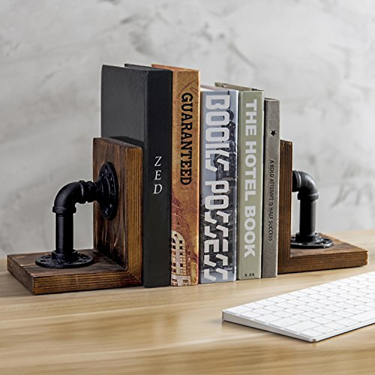 MyGift Rustic Brown Wood Decorative Office Bookends with Realistic Industrial Pipe Design, Shelf Decor Desk Book Holder L-Shaped Stand, 1-Pair
