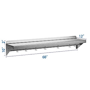 KYBOLT 12"x60" Stainless Steel Shelf,Multifunctional Metal Wall Mounted Shelf,Stainless Steel Kitchen Shelf with 2 Stainless Steel Backsplashs and 7 Hooks
