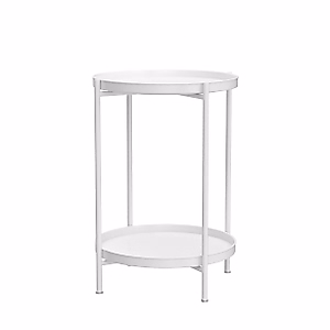 OVICAR Round Side Table - 2 Tiers End Table Metal Coffee Table Small Sofa Side Table Outdoor Indoor Accent Table Nightstand Waterproof Removable Tray Table for Living Room Bedroom Balcony White