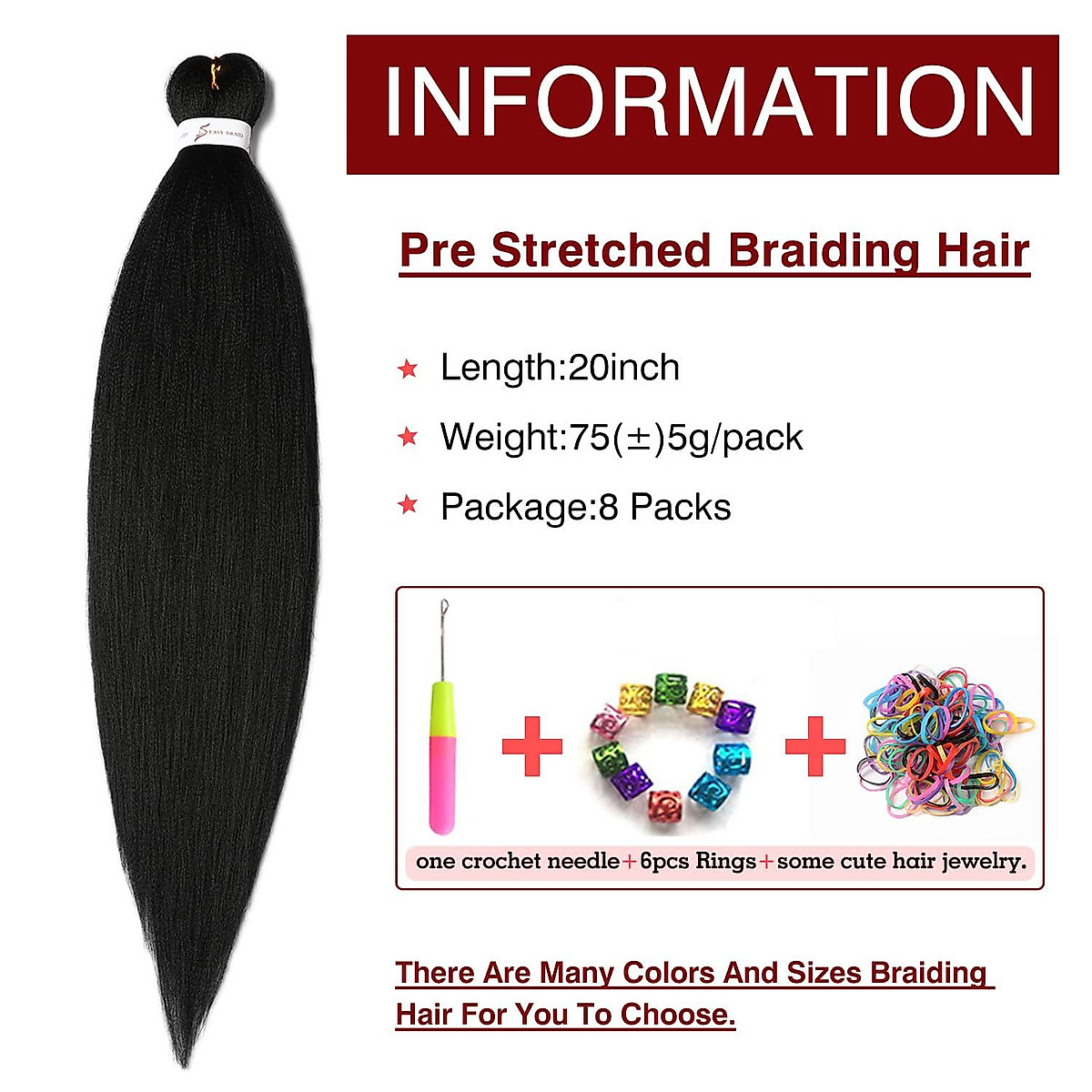 Pre Stretched Braiding Hair Natural Black - 20''8 Packs Braid Crochet Hair Hot Water Setting Professional Soft Yaki Texture (20inch,#1B)