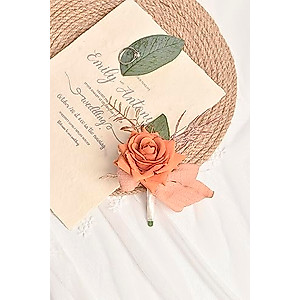 YSUCAU Burnt Orange Rose Wrist Corsage Wristlet Band Bracelet and Men Boutonniere Set for Wedding, Artificial Flower Wrist Corsage Bracelets for Fall Wedding Homecoming Prom Suit Decorations