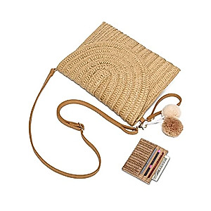 YIKOEE Straw Bag and Card Holder Set for Women Summer Beach Purse Woven Bag With PomPom