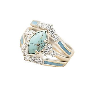 Pingyongchang 3 PCS Ring Set Natural Turquoise Diamond Rings Turquoise Silver Color Rings for Women Turquoise Jewelry Sparkling Natural Gemstone Size 8